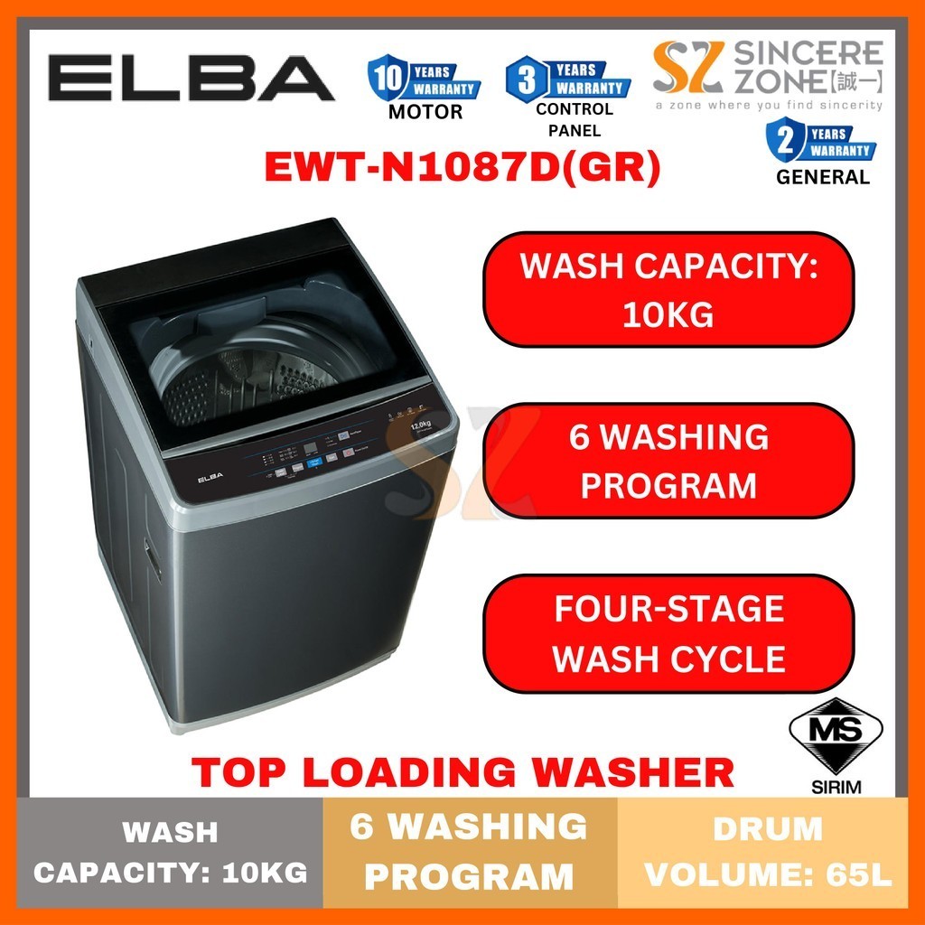 ELBA EWT-N1087D(GR) 10KG Top Loading Fully Automatic Washing Machine I i-Smart Wash Function ...