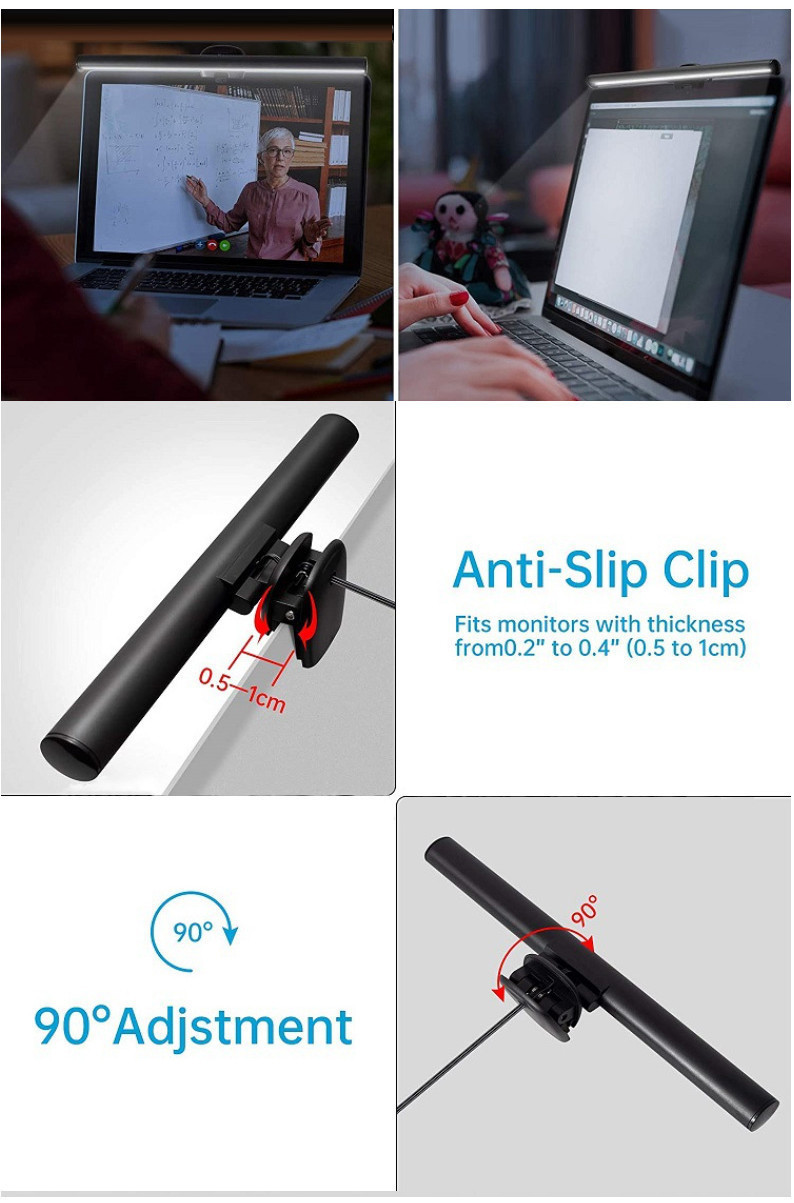Universal Clip-On Computer Screen Light USB Rechargeable with 3 Multi ...