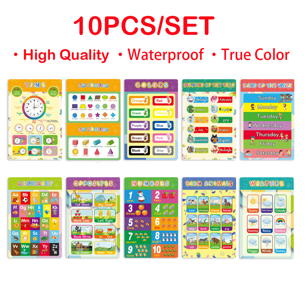 10Pcs Preschool Educational Poster Charts for Kids Kindergarten ...