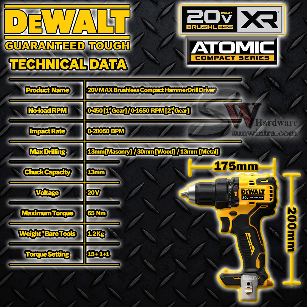 DeWalt ATOMIC™ 20V MAX* 13mm Cordless Impact Drill Driver Hammer Drill ...
