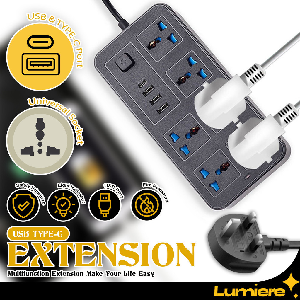 Power Socket Extension Plug With USB Port USB TYPE-C Wayar 2 Meter Wire ...