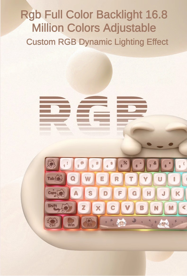 Pink Cute C68 Cat Silicone Keyboard Three-mode Bluetooth 2.4g Wired Hot Swap Mechanical Keyboard ...