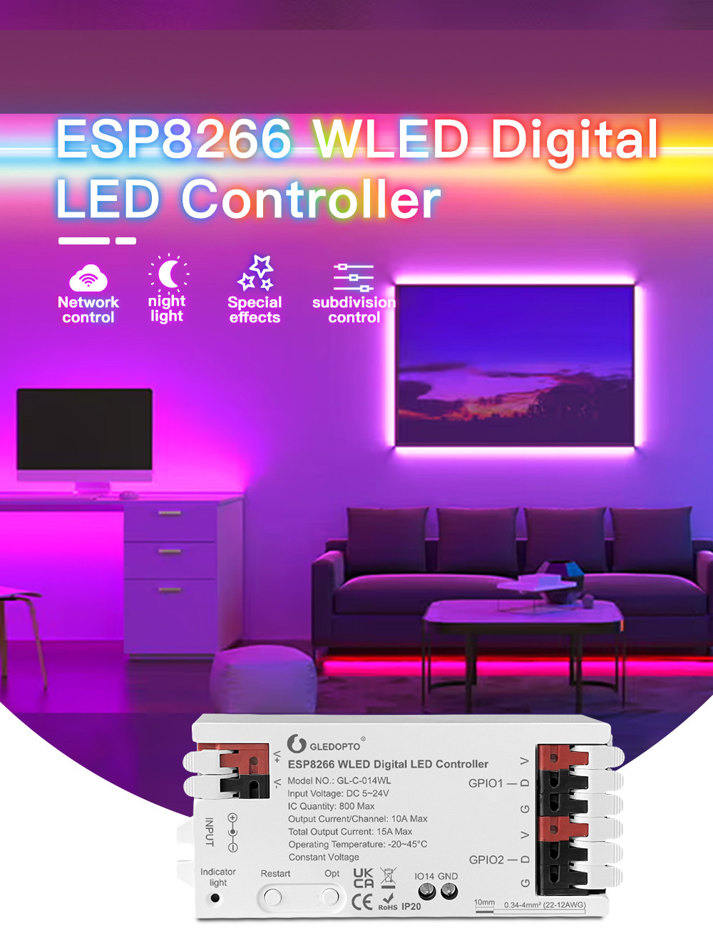 GLEDOPTO ESP8266 WLED LED Controller Dynamic RGB 800IC DIY App Control For WS2811 WS2812 SK6812 ...