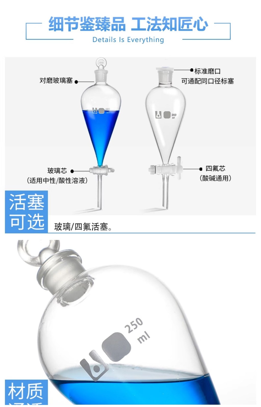 Glass Pear-Shaped Separator Funnel 4F Teflon Piston Essential Oil ...