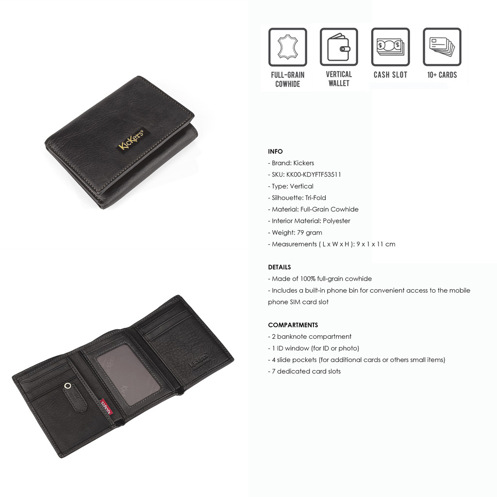 KICKERS Full Grain Cowhide Tri-Fold Mini Vertical Wallet with ID Window ...