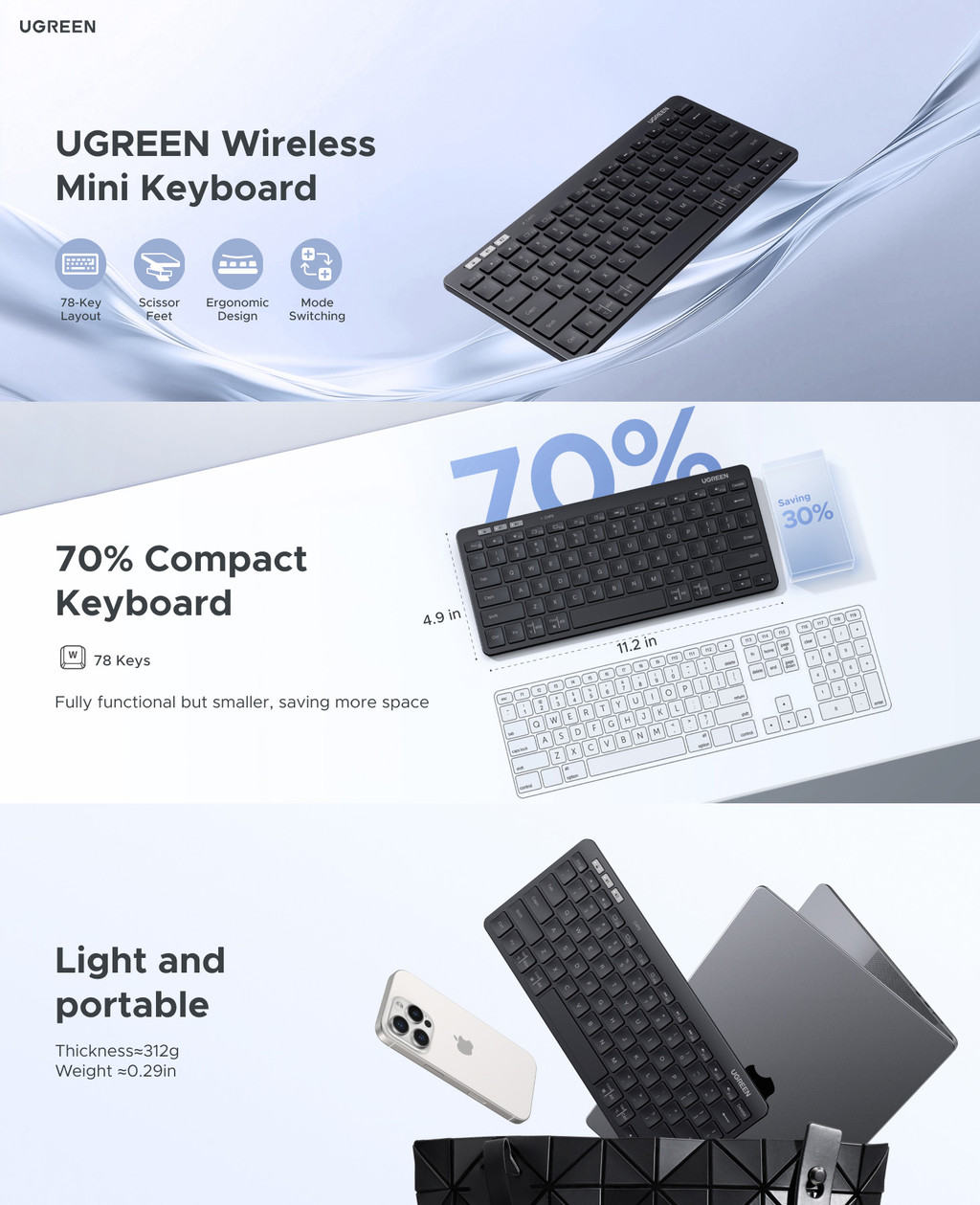 UGREEN Multi Mode Wireless Keyboard Ergonomic Bluetooth 5.3 & 2.4G USB ...