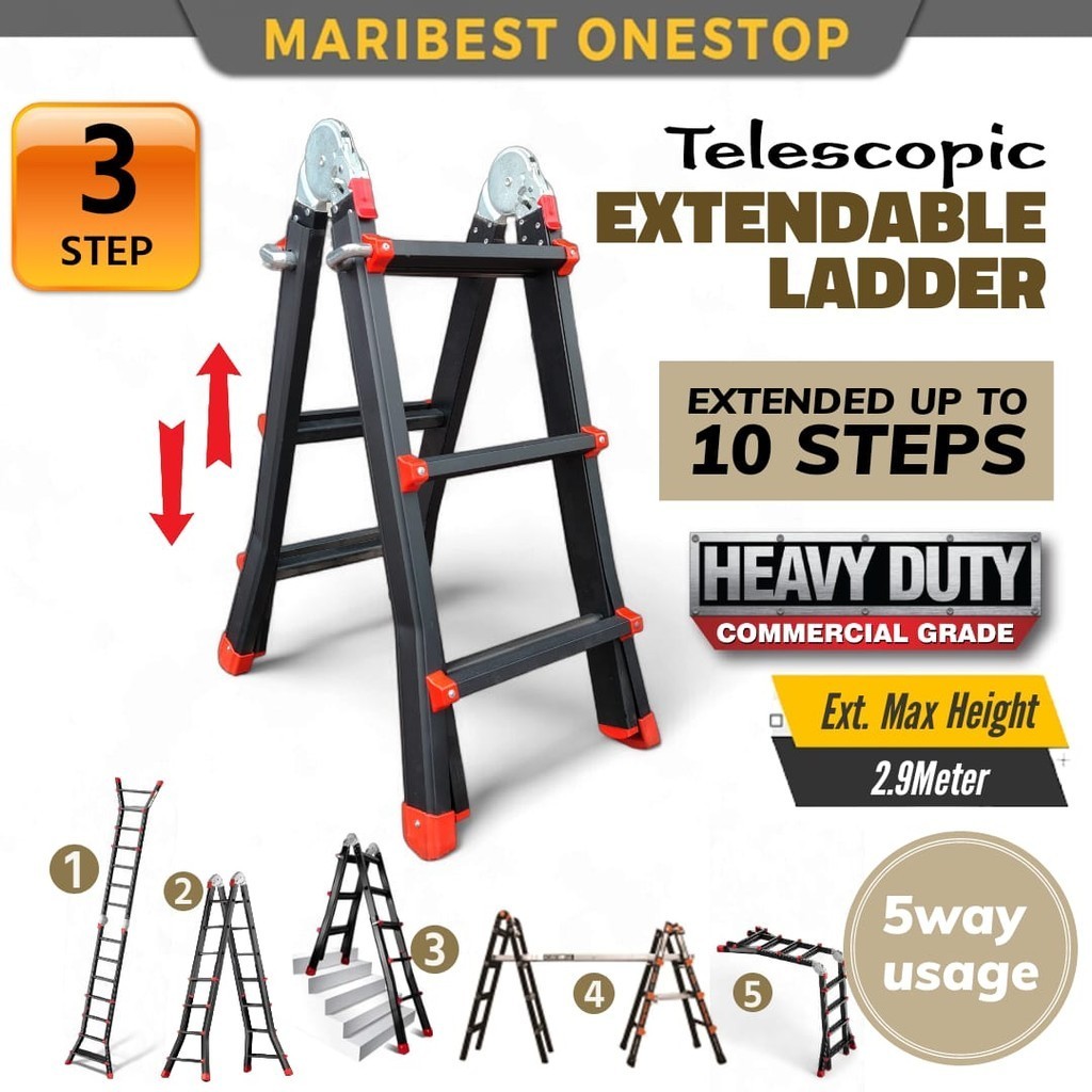3 STEP Black Transformable Telescopic Extendable Ladder Heavy Duty ...
