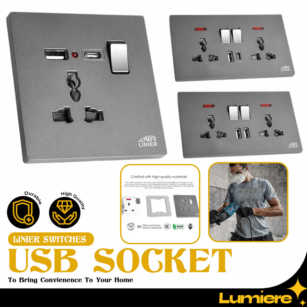 LUMIERE 13A Switch Socket Outlet USB + TYPE C USB Power Wall Plug ...