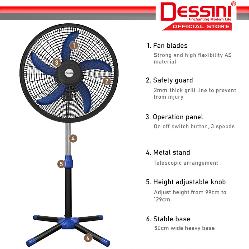 DESSINI ITALY 18'' Inch Stand Fan 3 Speed 5 Blade Oscillating Air Ventilator Conditioner Cooler ...