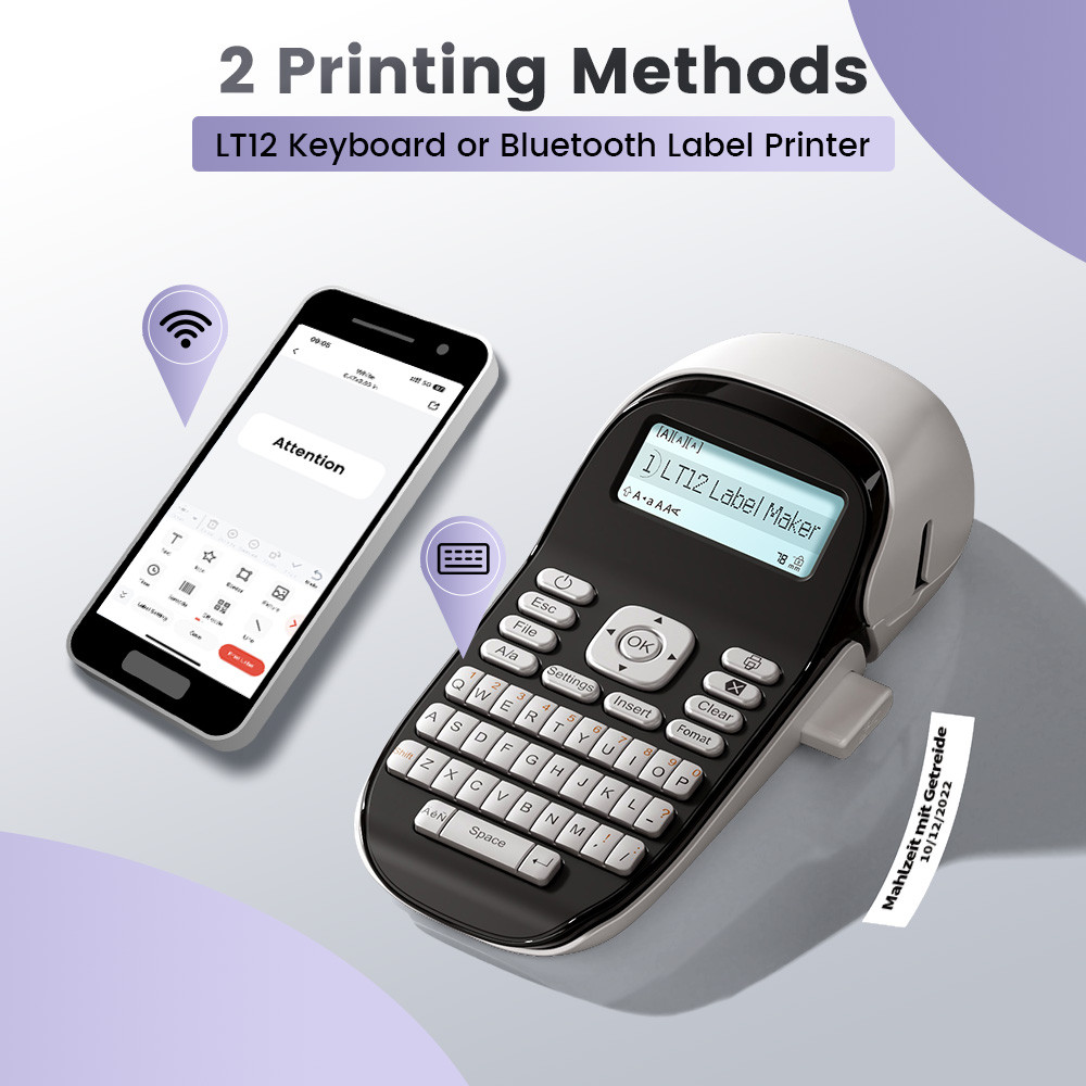 LT12 Label Maker Portable Inkless Label Printer Bluetooth Handheld Sticker Qwerty Keyboard ...