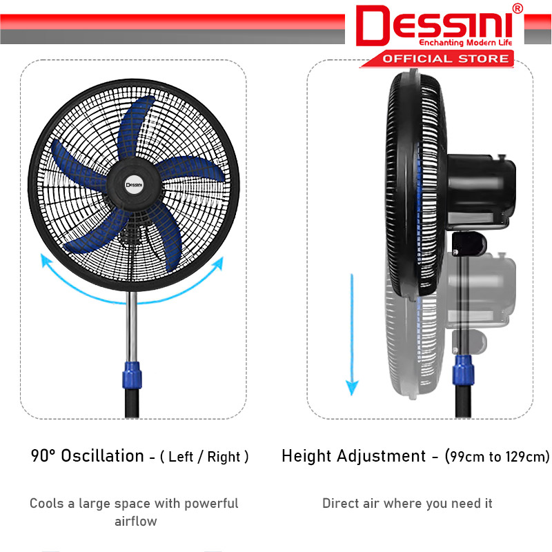 DESSINI ITALY 18'' Inch Stand Fan 3 Speed 5 Blade Oscillating Air Ventilator Conditioner Cooler ...