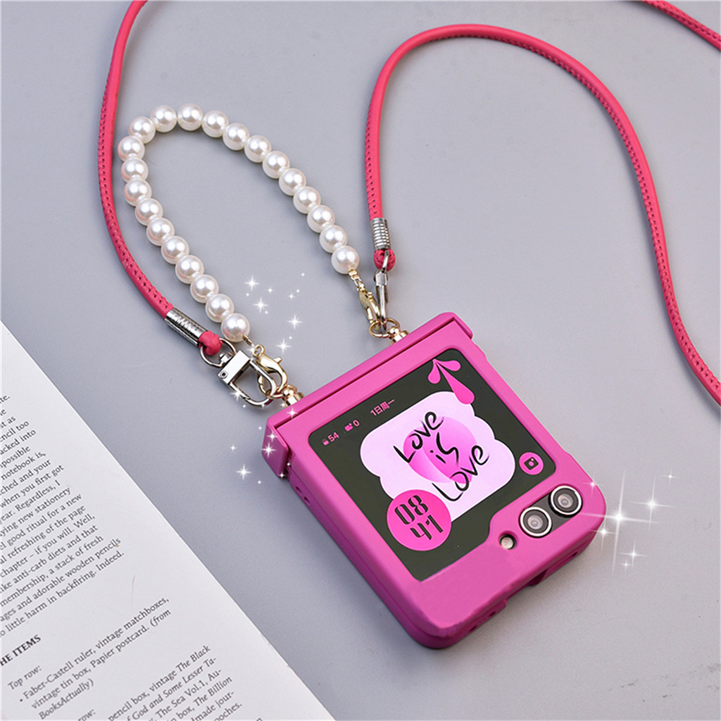 Luxury Rose Red Leather Chain Pearl Bracelet Phone Case for Galaxy Z ...