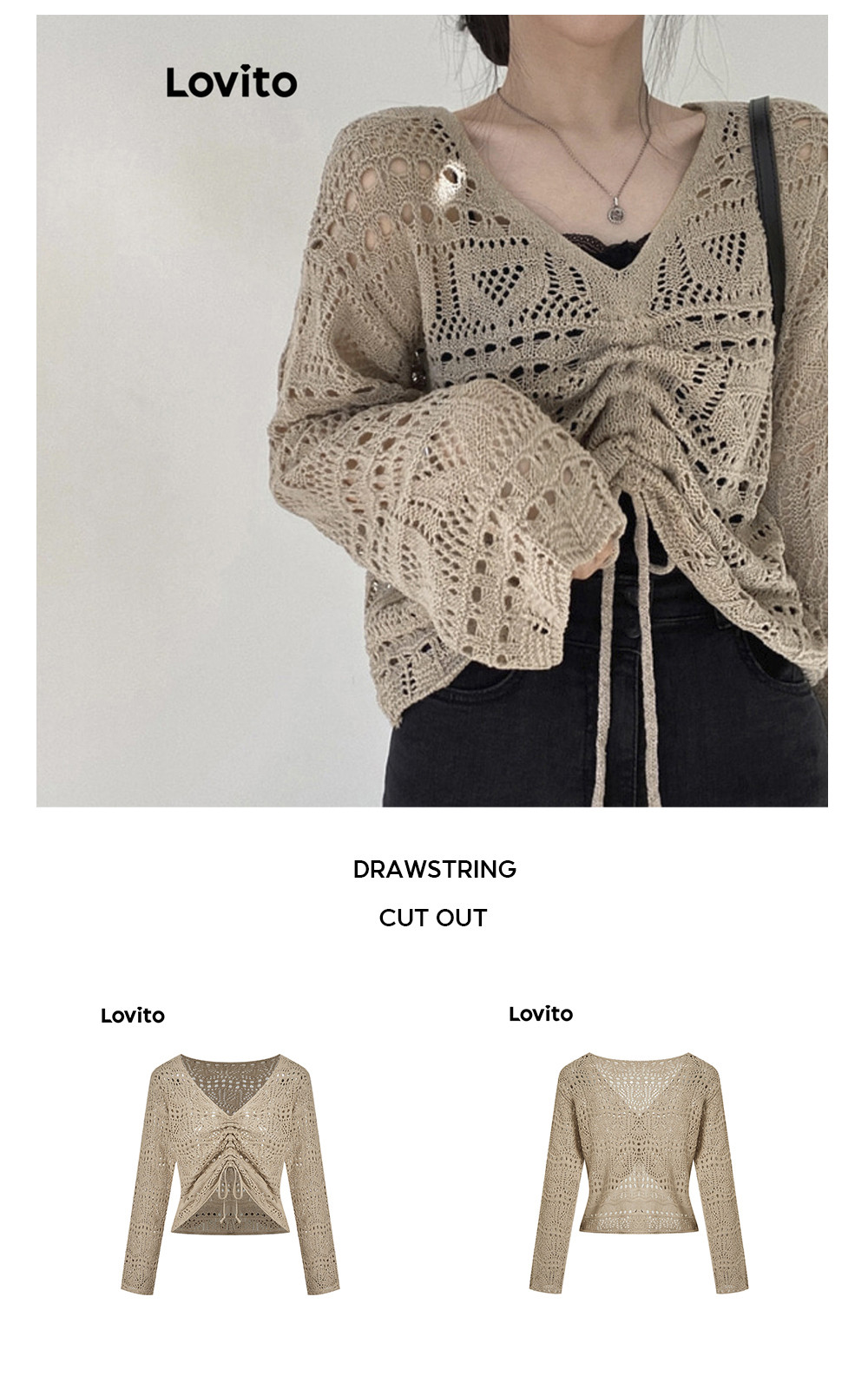 (Modest Style) Lovito Casual Sweater Plain Drawstring Cut Out Sweater ...