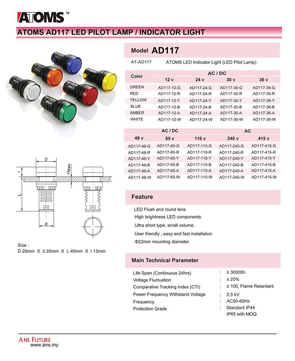 ATOMS AD117 22mm LED Pilot Lamp Indicator Light AD116 Pilot Light ...