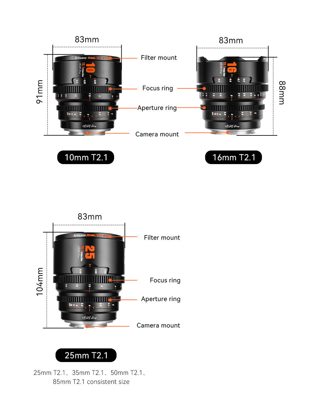 7artisans 10mm 16mm 25mm 35mm 50mm 85mm T2.1 S35 Frame wide angle Super ...