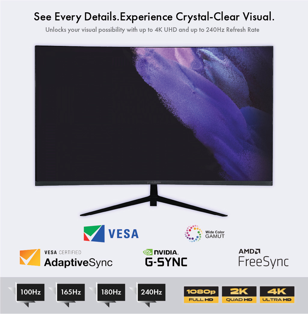 HUGON 27" 165Hz QHD 1ms HDR400 Curved Adaptive-Sync Gaming Monitor ...