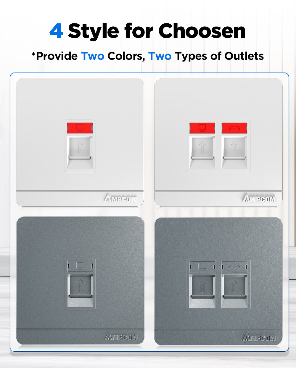 AMPCOM 86*86 Wall plate with CAT6/CAT6A/CAT7/CAT7A/CAT8 Keystone Jack ...