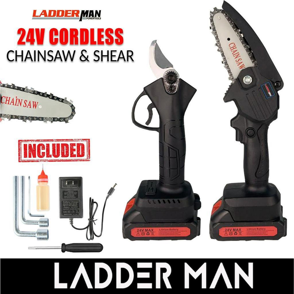 LADDERMAN 24V 4 Inch Mini Chainsaw and Shear Cordless Electric Portable ...