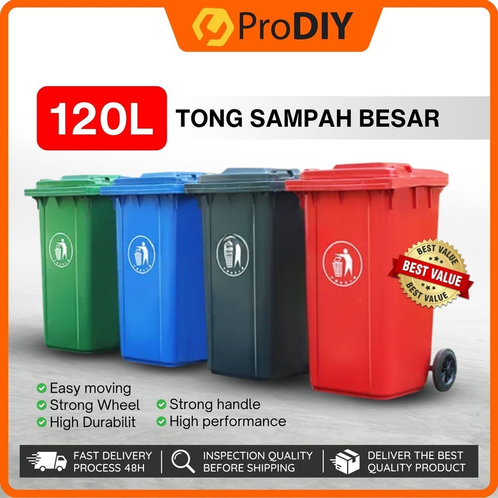 120L Tong Sampah Besar Bertutup Indoor & Outdoor Heavy Duty Garbage Bin ...