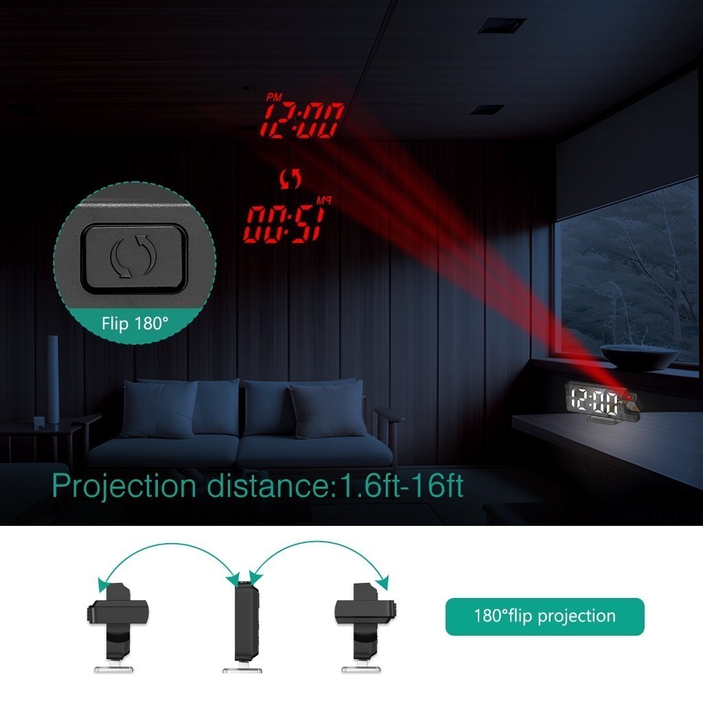 LED Projection Alarm Clock with 180° Angle & USB Timer Temperature for ...