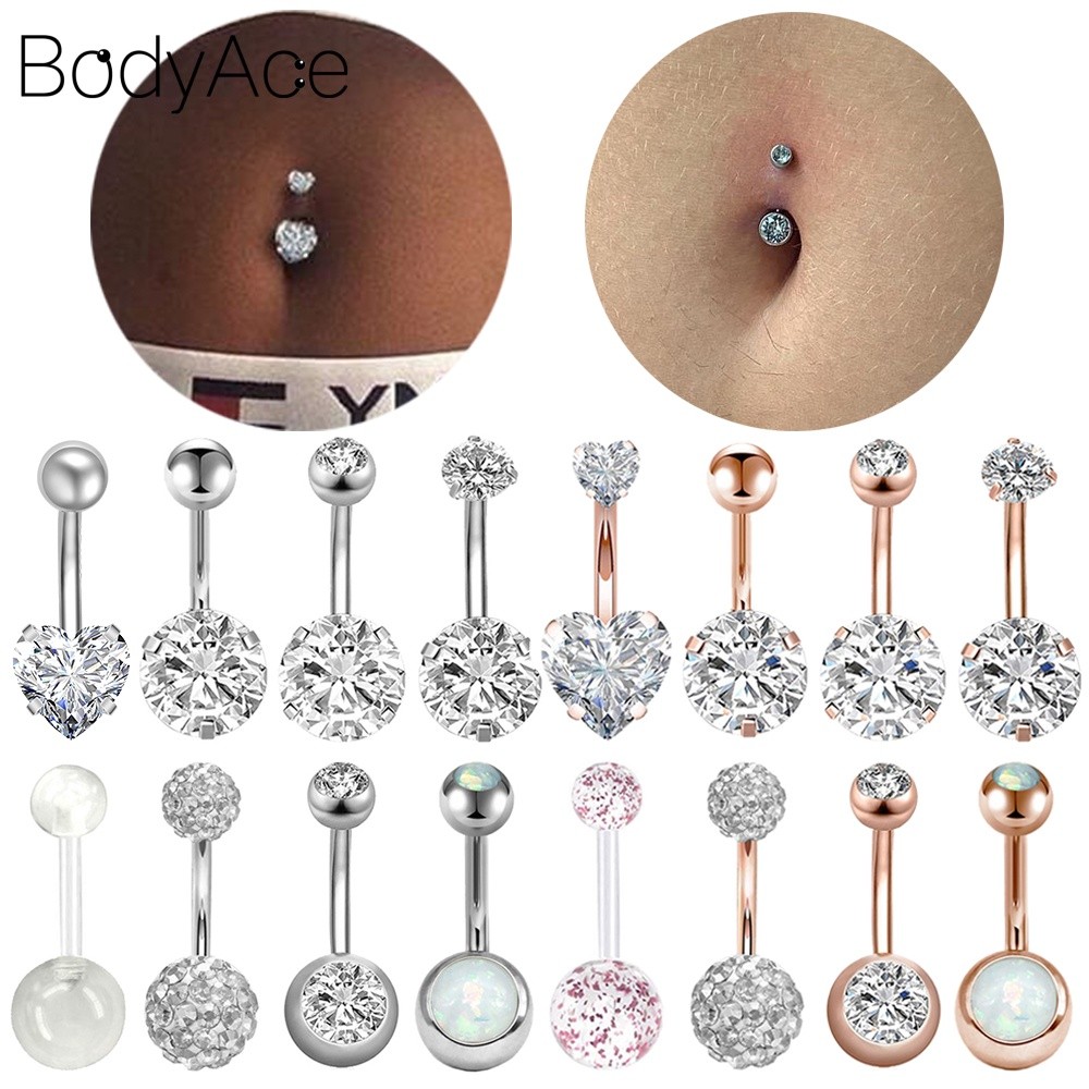 Bodyace 8 Designs Navel Piercings Crystal Belly Button Piercings Stainless Steel Navel Rings Set ...