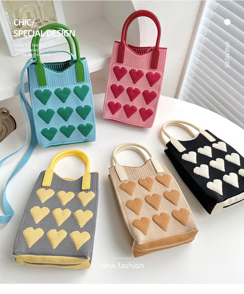 Korean Fashion Heart Knitted Mini Square Handbag for Women Small Mobile ...
