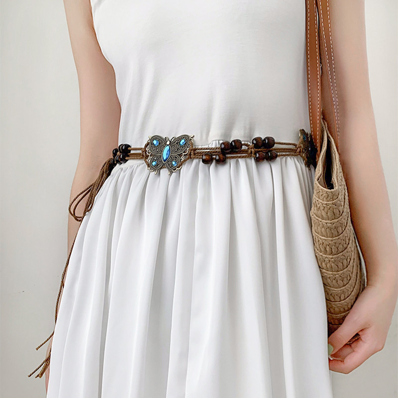 Bohemian Ethnic Style Belts Wooden Bead Waist Rope All-match Y2K Wax ...