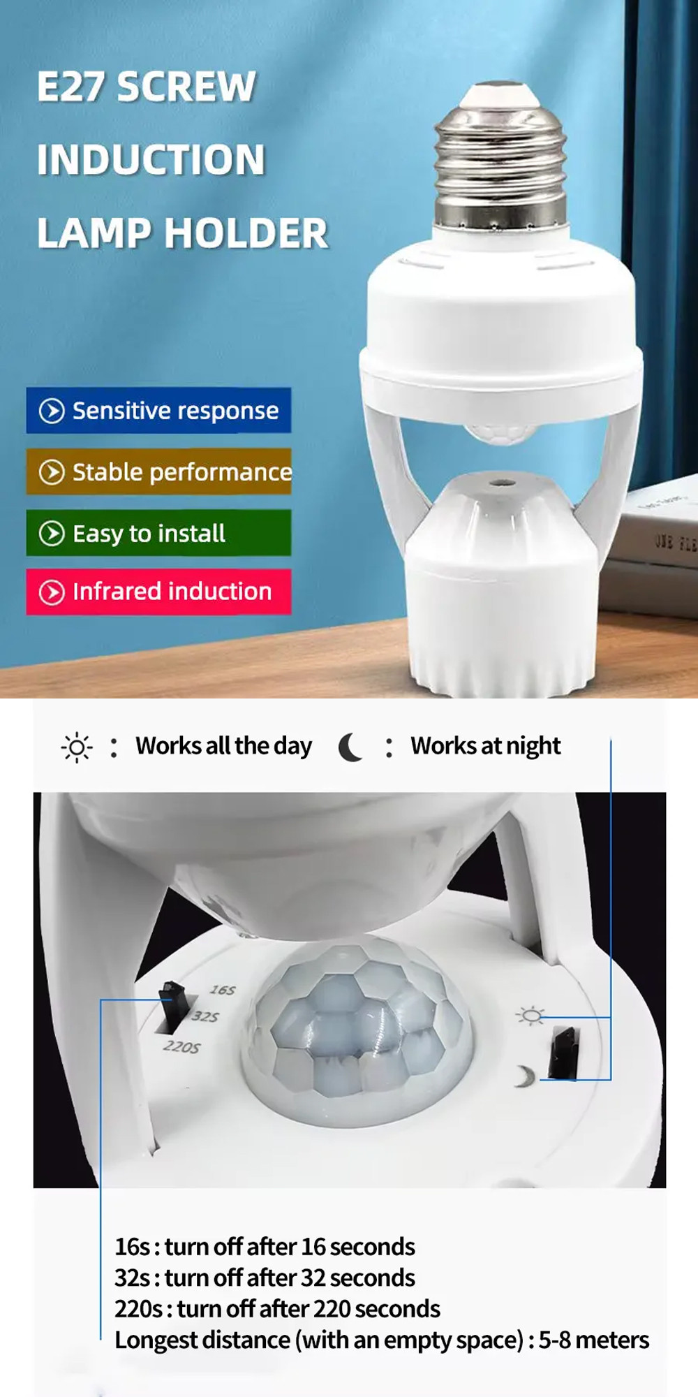 Smart Led Bulb Switch 360 Degrees PIR Motion Sensor E27 Lamp Base Bulb ...