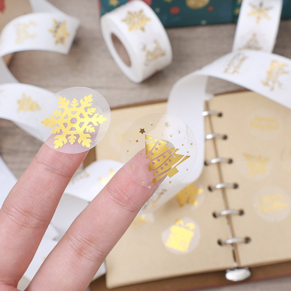 500Pcs/Roll Transparent Bronzing Gold Merry Christmas Stickers New Year ...