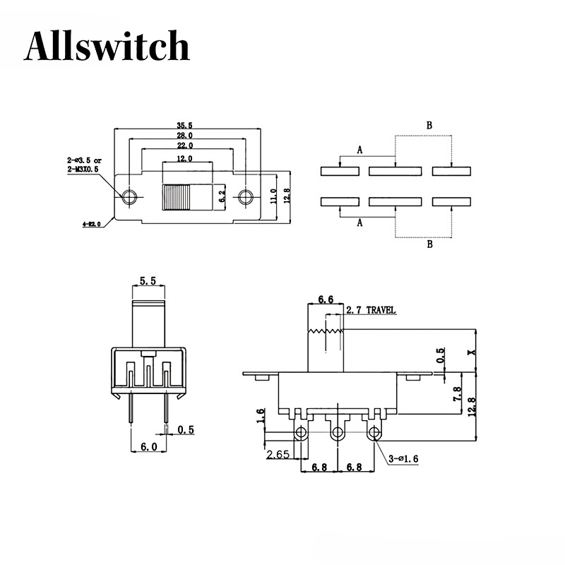 5/2Pcs 6Pin Toggle Switch 2 Position / 3 Position ON-OFF 2P3T PCB Panel Slide Switch Panel Mount ...