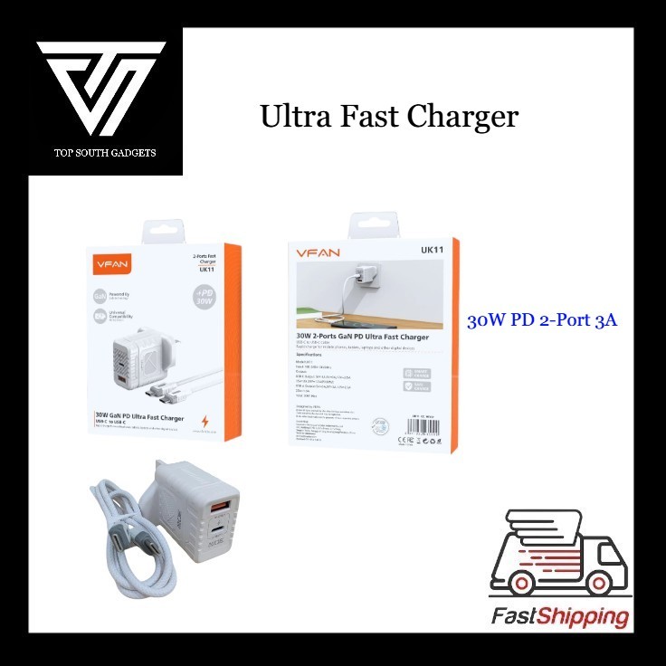 VFAN 30W PD 2-Port 3A Fast Charger GaN Ultra Fast Charger USB-A And USB ...