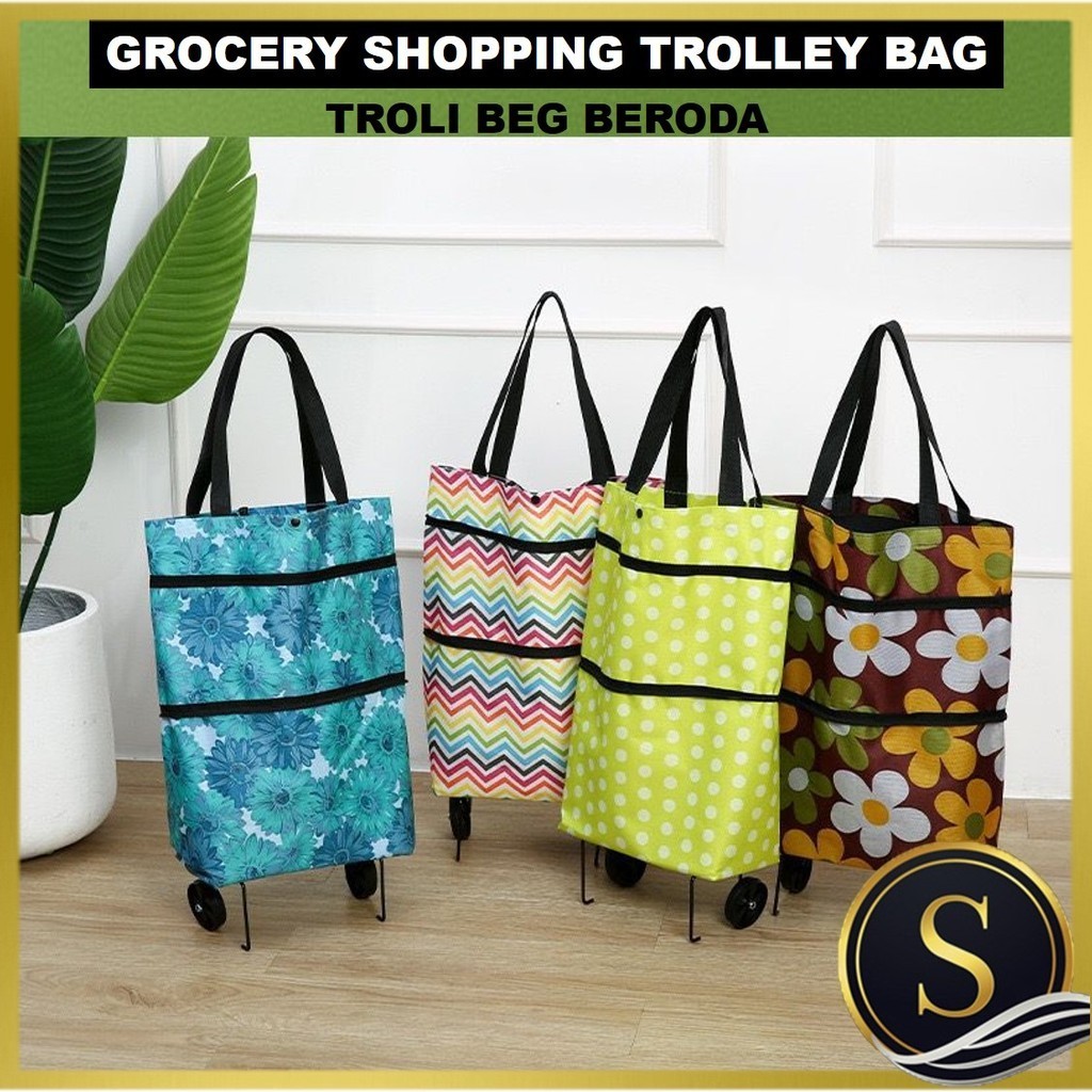 Troli Beg Beroda Foldable Shopping Grocery Trolley Nylon Bag With ...