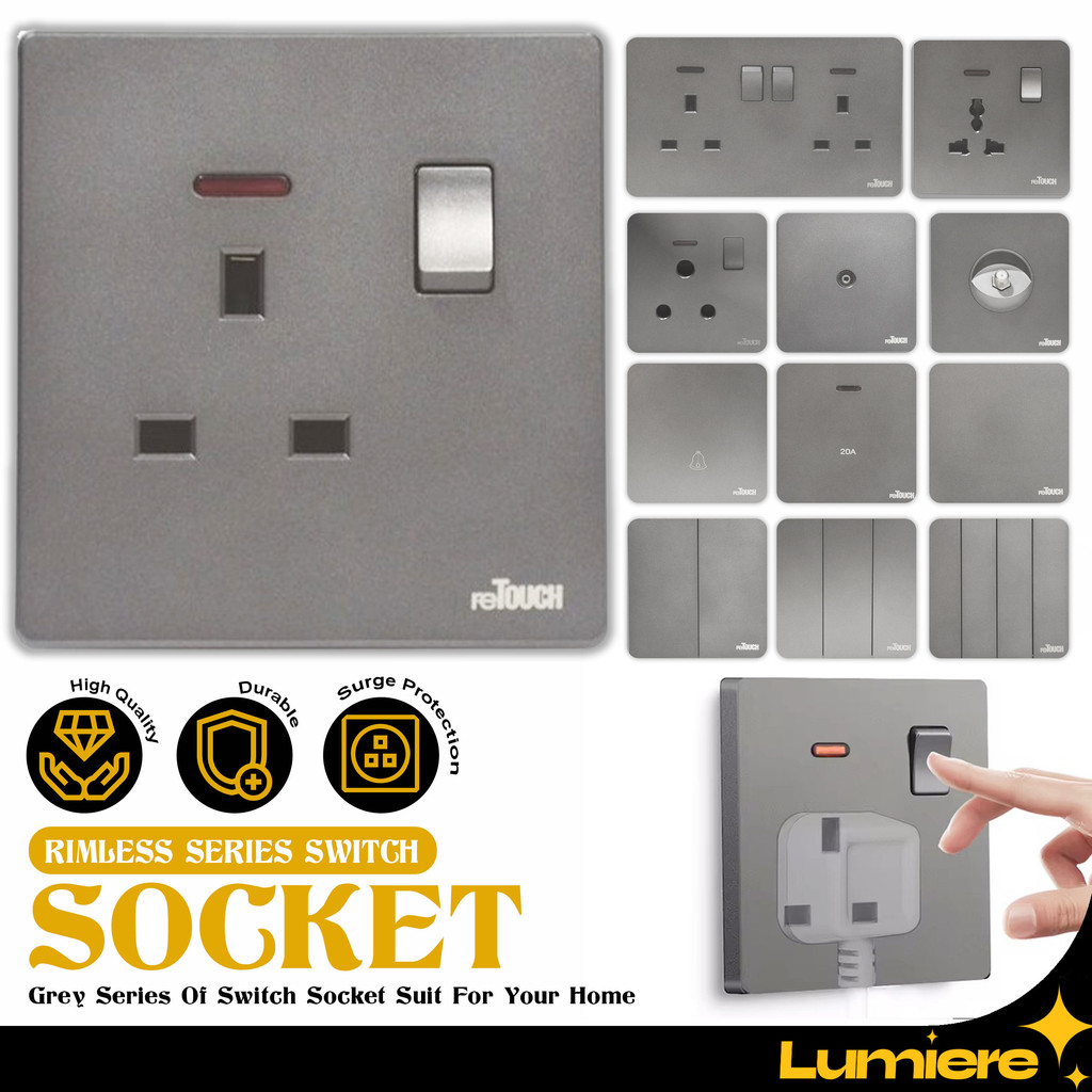 Ultra Rimless Grey Switch Socket 1/2/3/4 Gang 1/2Way Wall Switch 13A ...