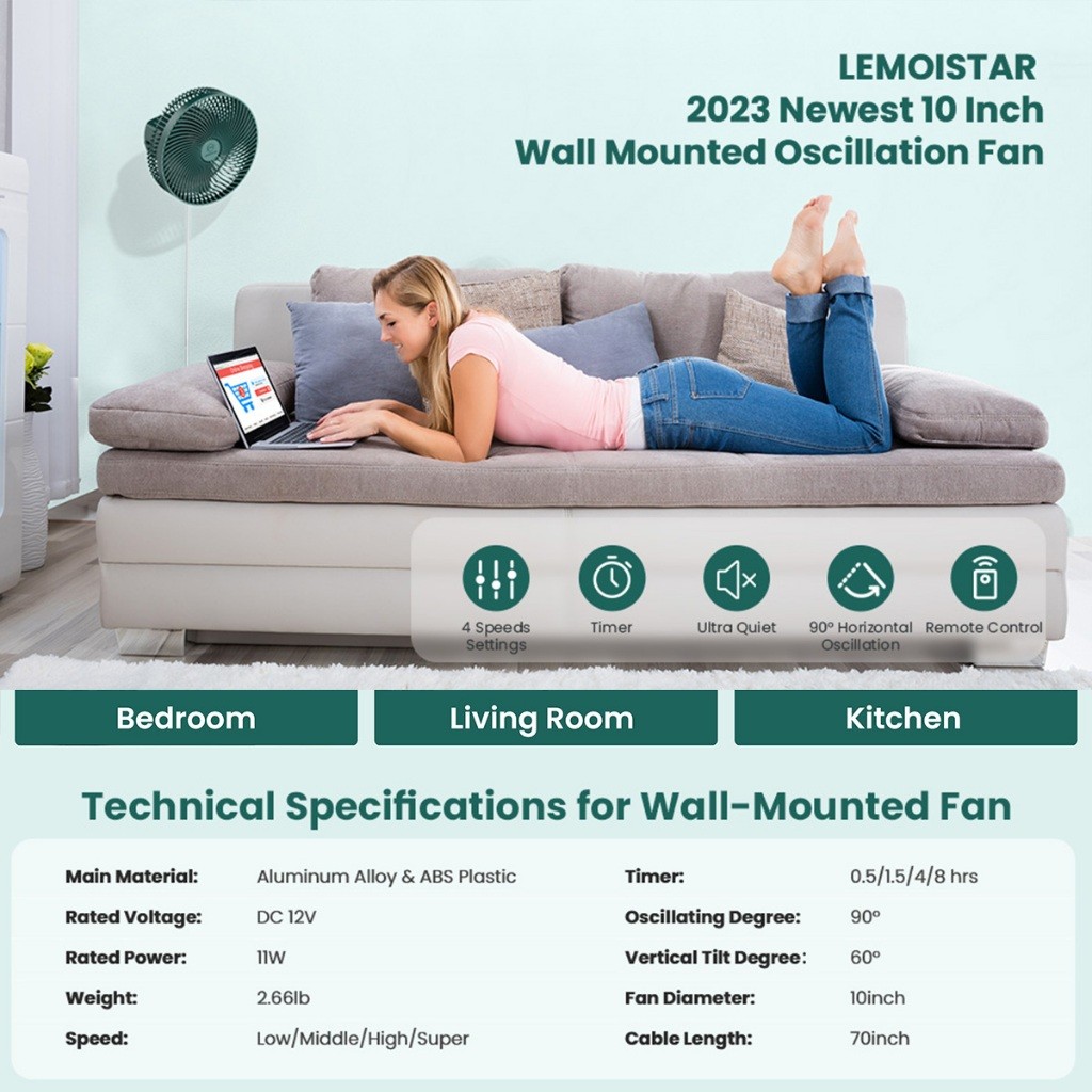 LEMOISTAR FW1 /FW2 8/10 Inch Small Wall Mounted Fan with Remote Control ...