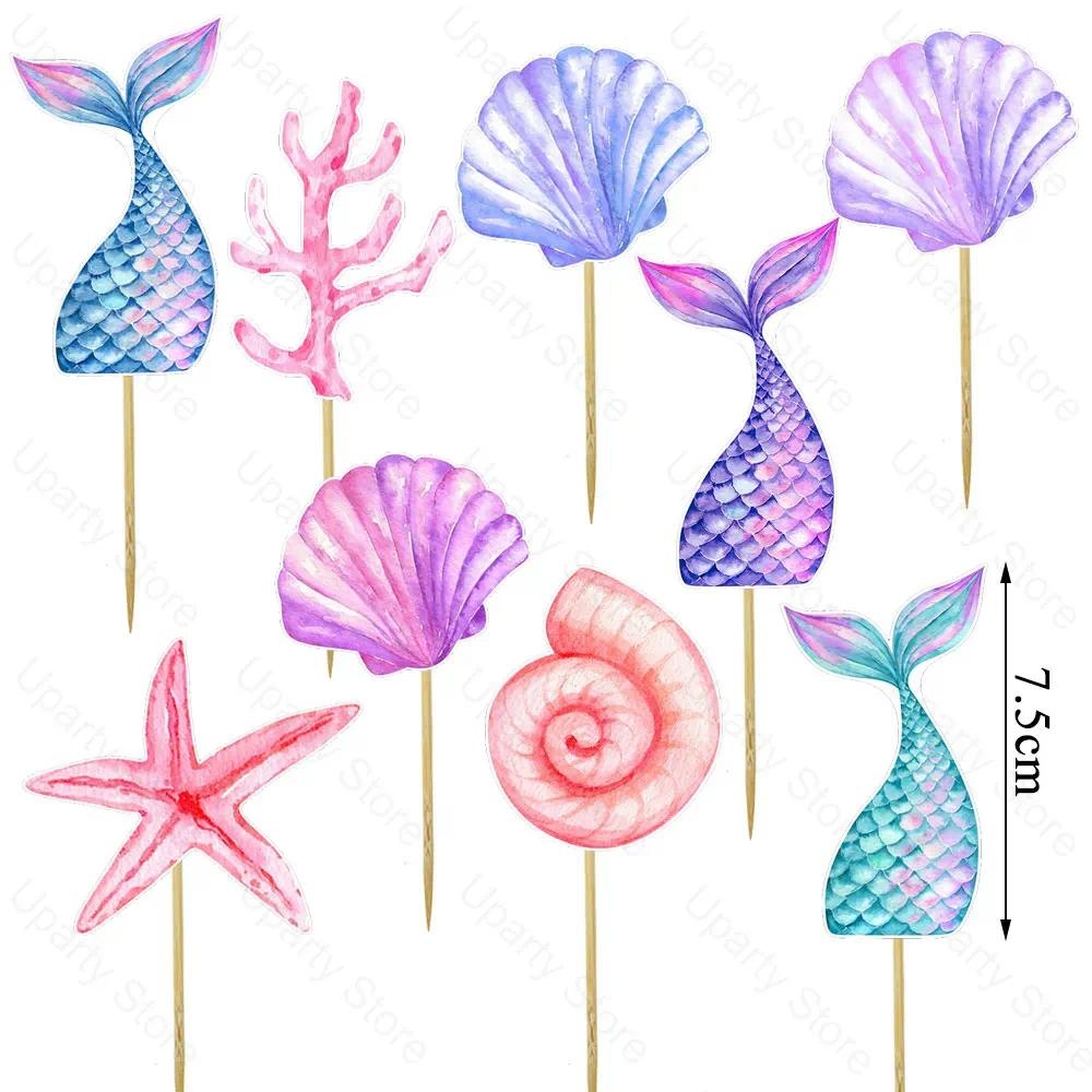 19Pcs Mermaid Cake Toppers Blue Pink Purple Shell Memaid Tail Cupcake ...