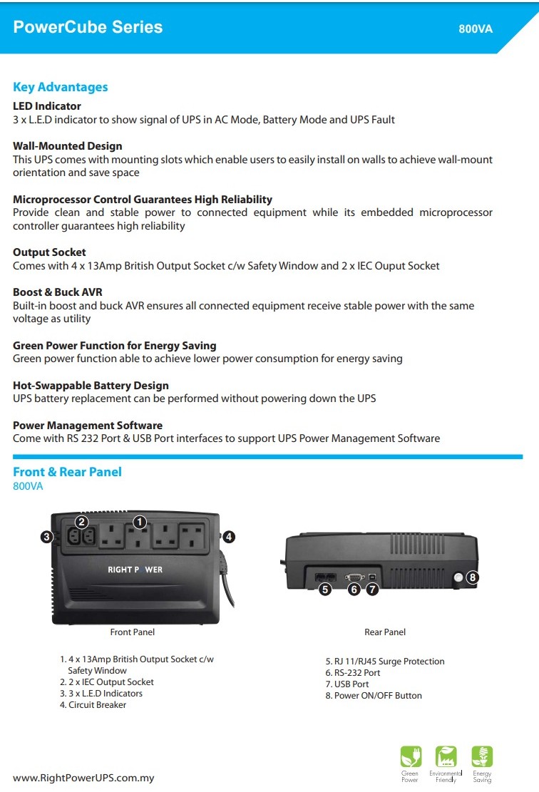 Right Power POWERCUBE 800G2 800VA UPS Uninterrupted Backup Battery ...