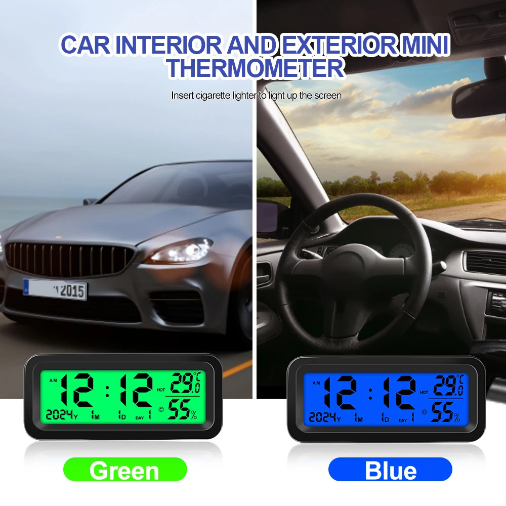 Solar Car Digital Clock Date Week Temperature Humidity LCD Backlit ...