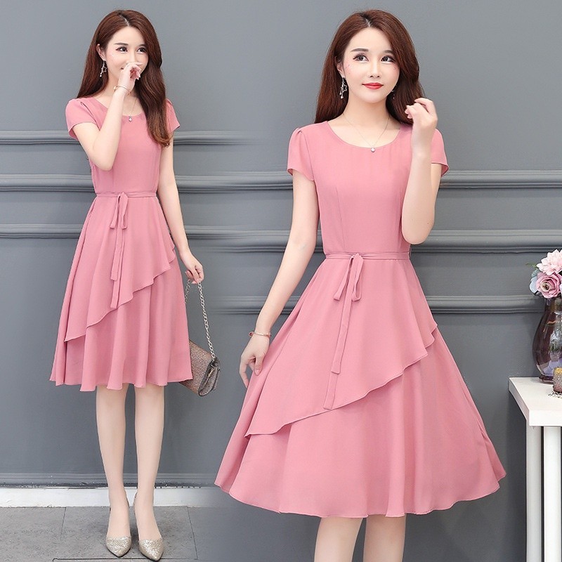 Ready Stock Women Short Sleeve Dress Tie Wasit Pleated Hem Casual Midi Dress M-4XL, A-Line Dress ...