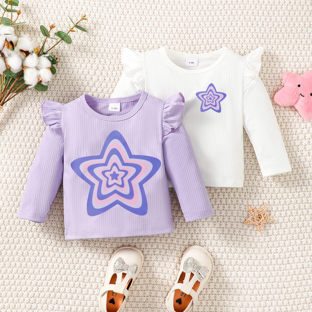 2pcs 0-3 Years Toddler Baby Girl Top Set Long Sleeve Ruffle Ribbed Star ...