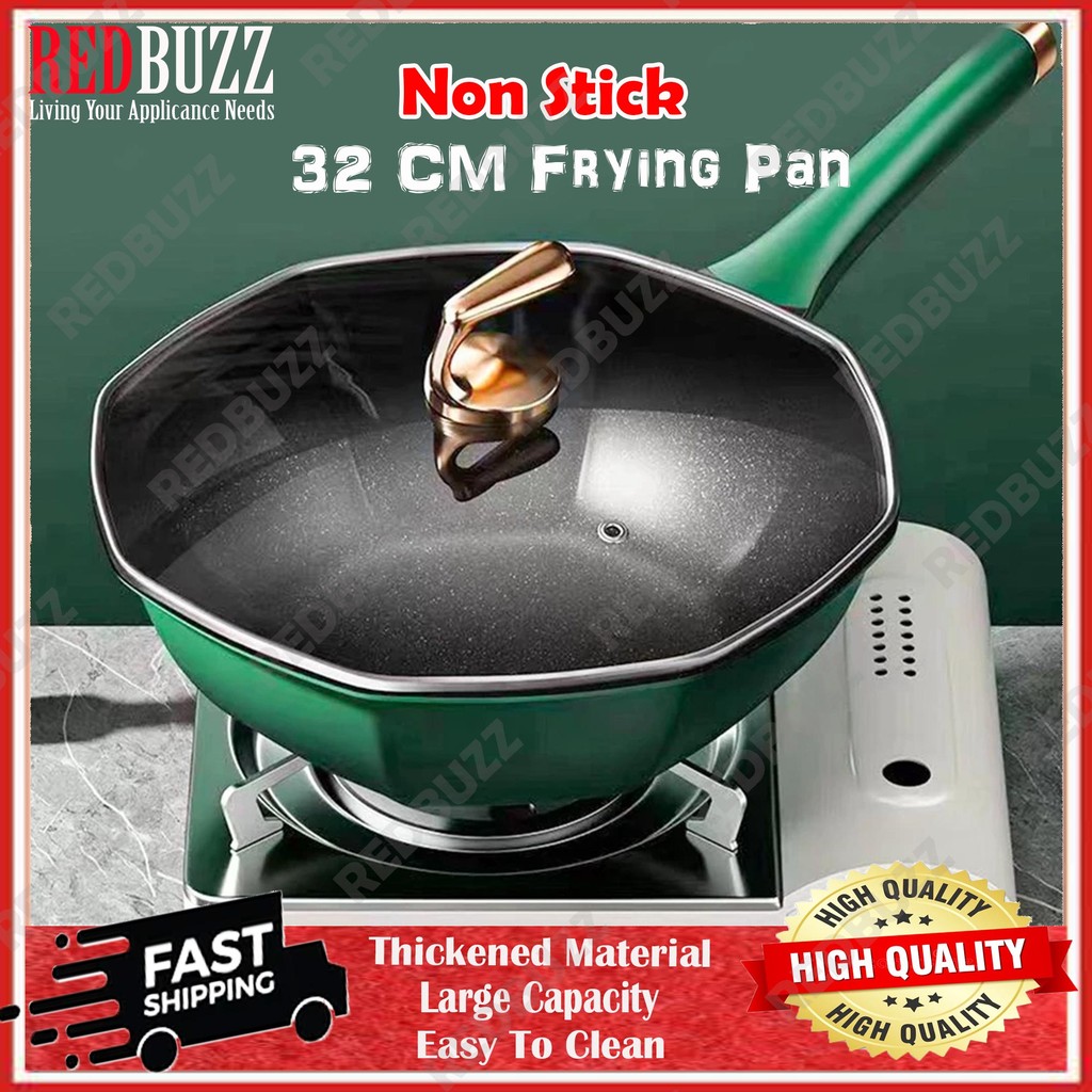 REDBUZZ Octogan Deep Frying Pan Non Stick 32 CM with Lid StirFry Pan ...