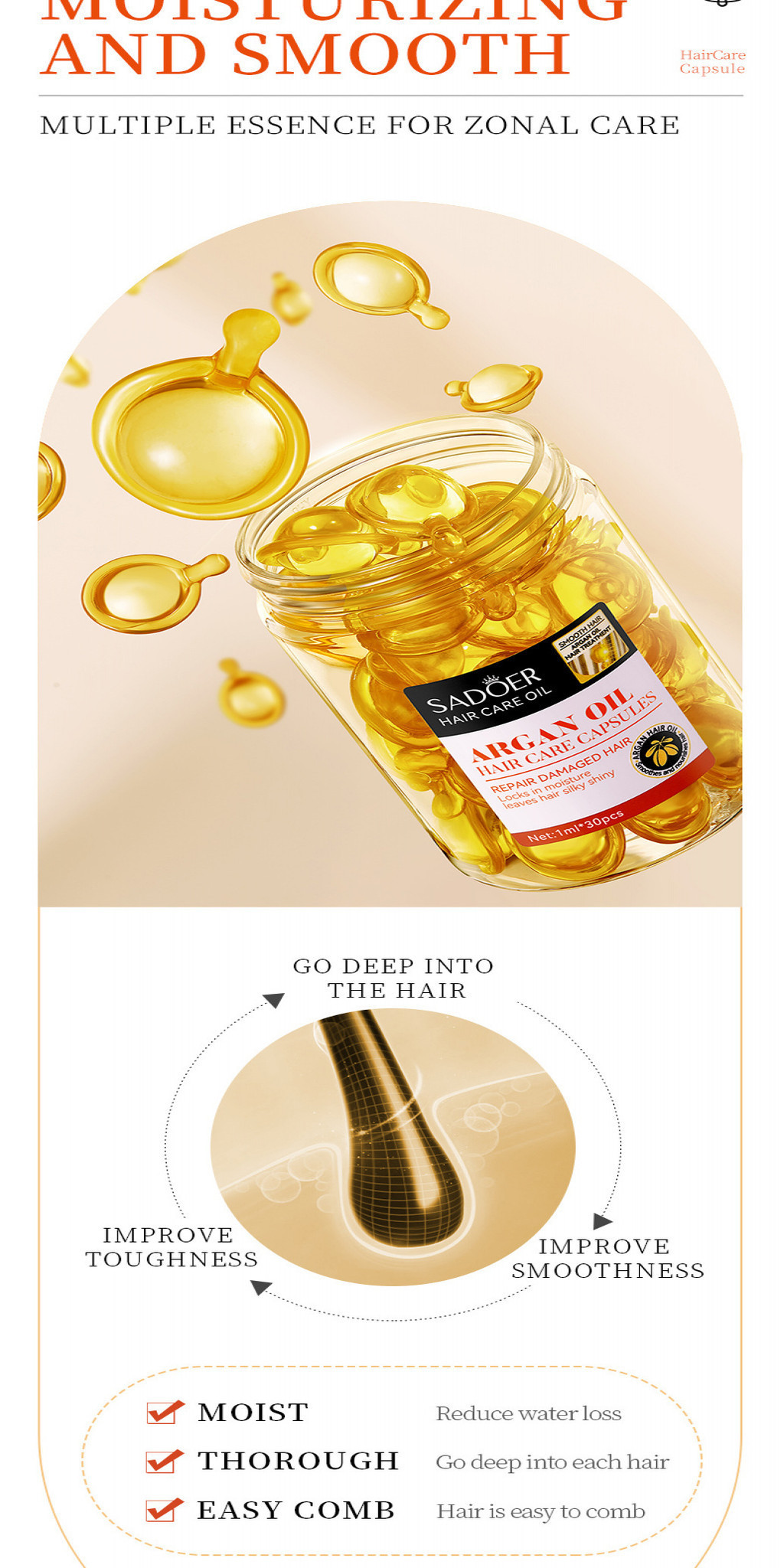 (1bottle/30pcs) Morocco Argan Hair Oil Hair Care Capsules Repair Damage Hair Dry Hair Frizzy ...