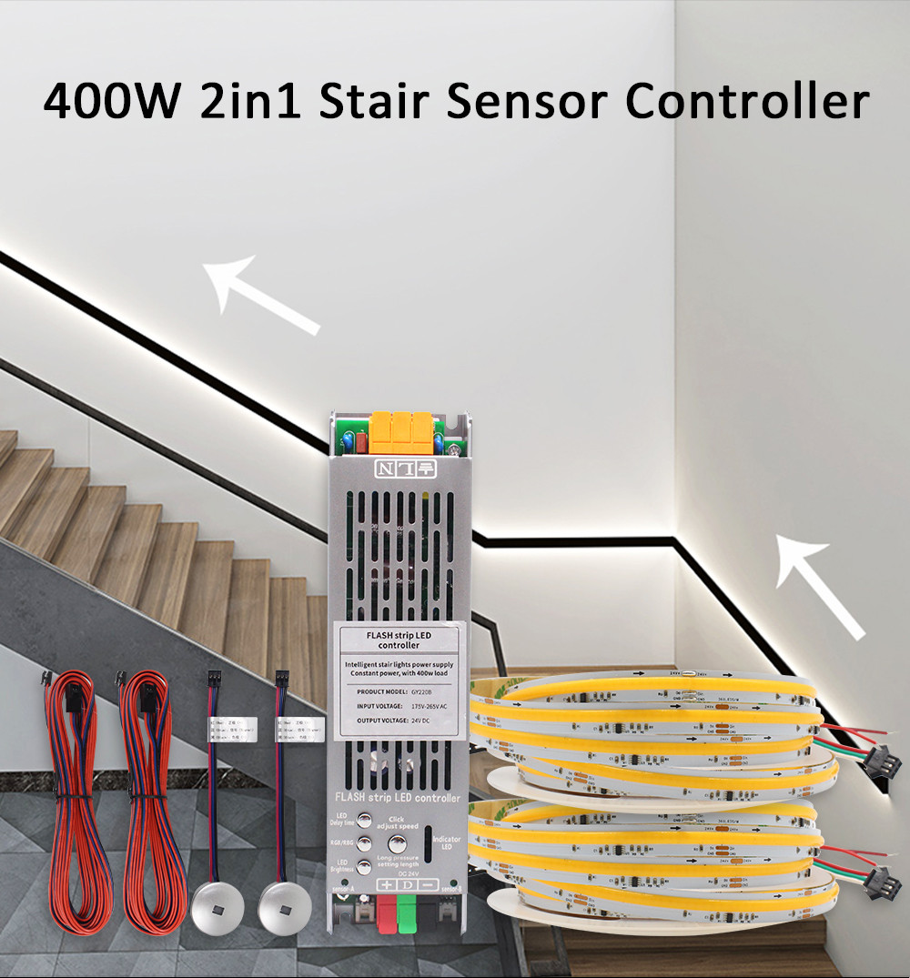 24V 400W 2in1 Stair Light Controller Kit 5M 10M 15M COB Running Water ...