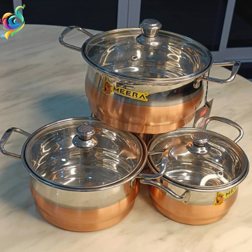 Copper Bottom Cooking Pot with Glass Lid Stainless Steel Food Serving ...