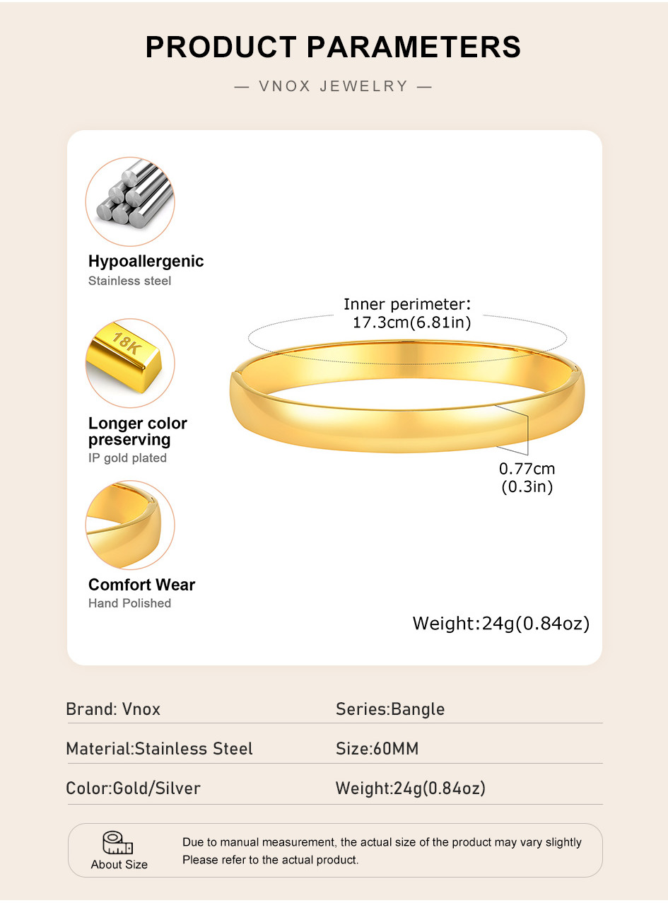 Vnox 18K Gold Bangle for Women Girl,Stainless Steel Simple Stacked Bracelet,Not Fading Jewelry ...