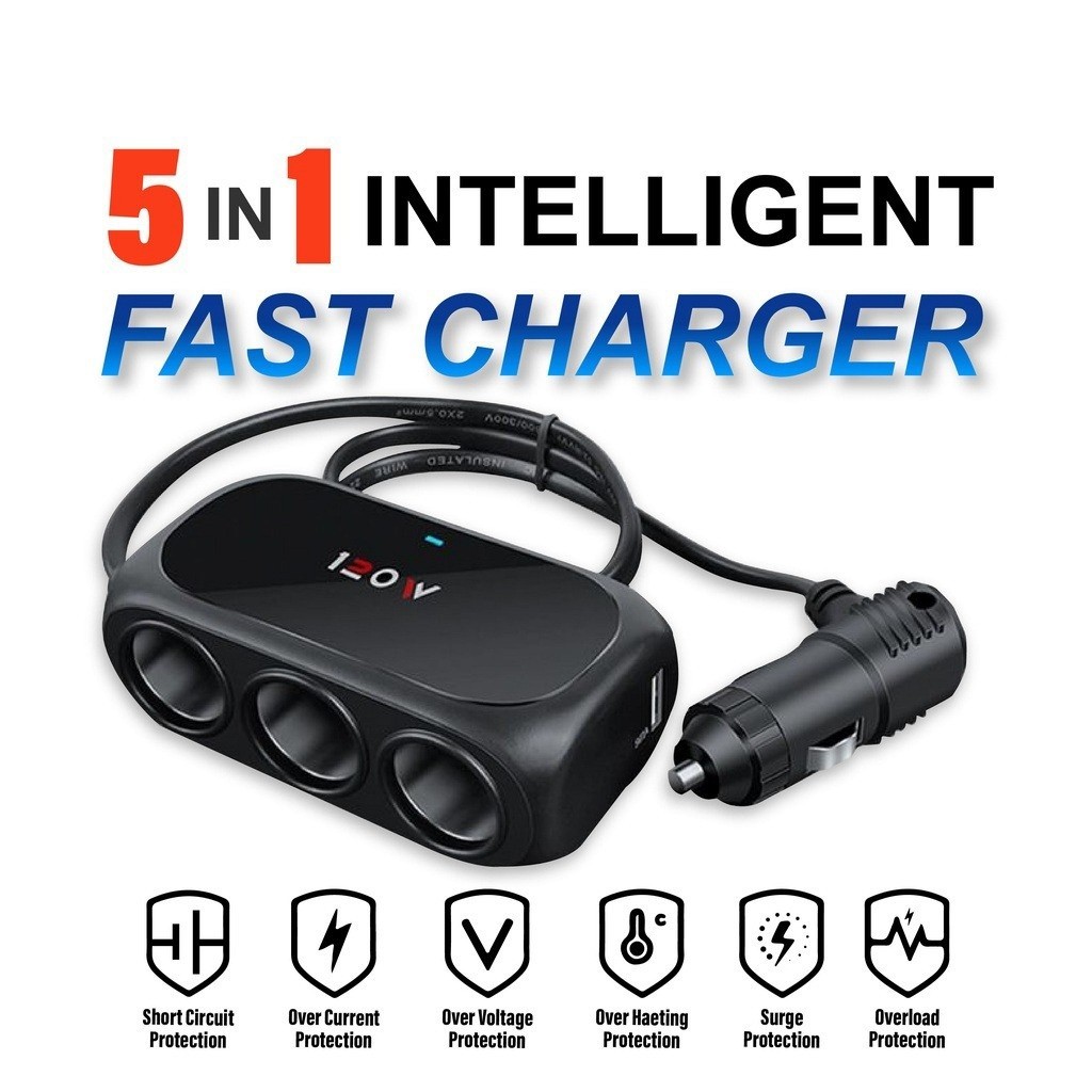 Universal Car 120W DC 12V-24V 5IN1 (2 USB port + 3 Cigarette Socket ...