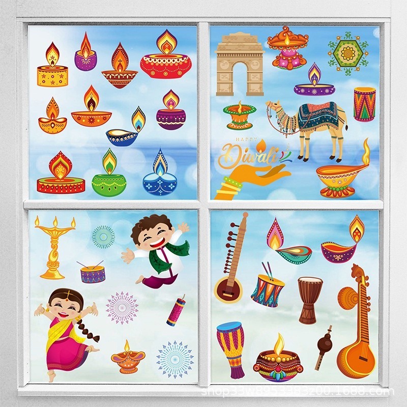 9 pcs/set Happy Deepavali Festival Electrostatic Window Sticker Decor ...