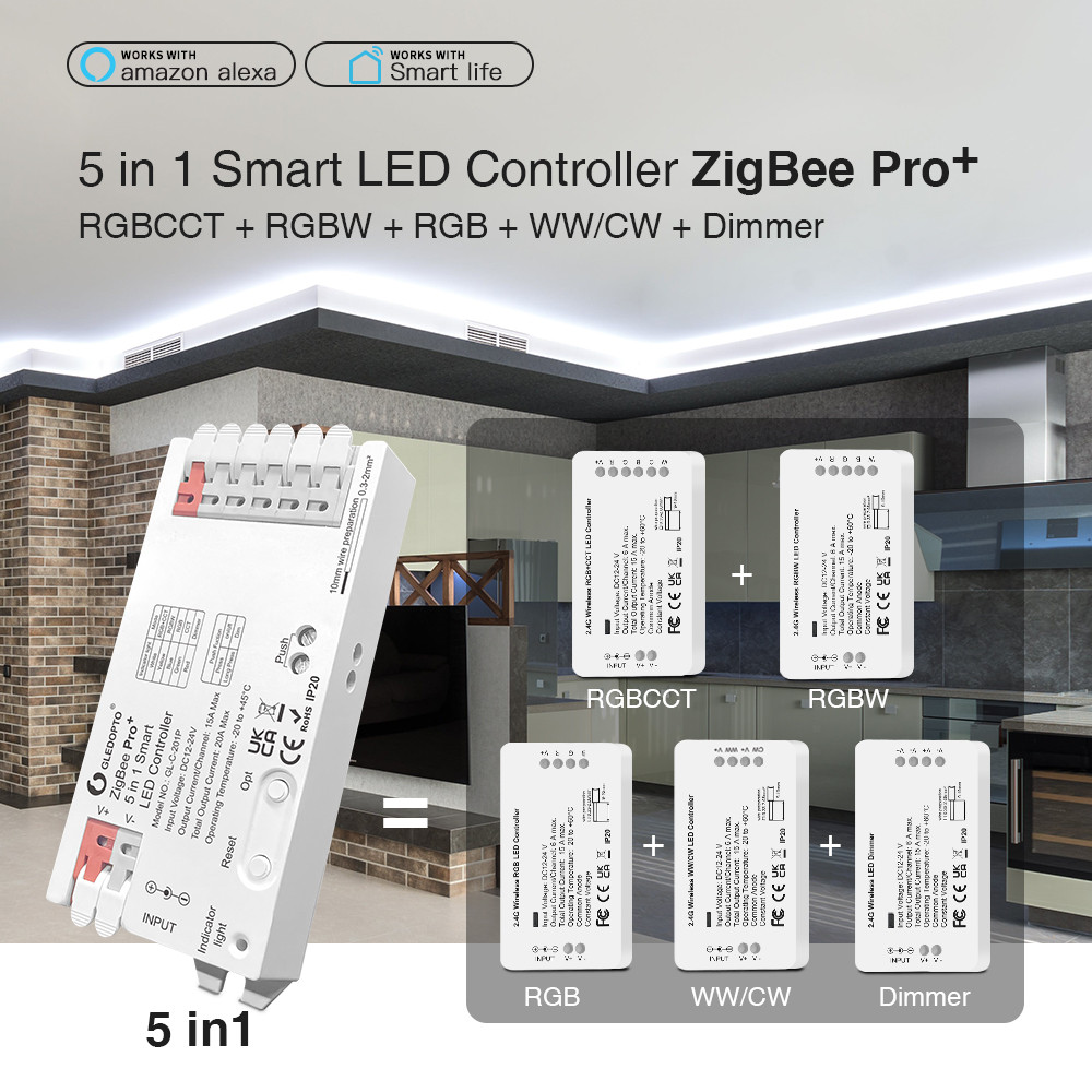 GLEDOPTO ZigBee 5 in 1 LED Controller 20A Max RGBCCT RGBW RGB CCT DIM Smart Life APP Alexa Voice ...