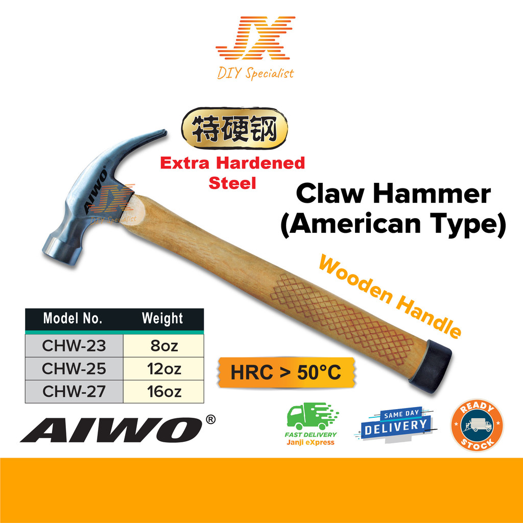 AIWO 8oz 12oz 16oz Hardened Steel Claw Hammer With Wooden Handle ...