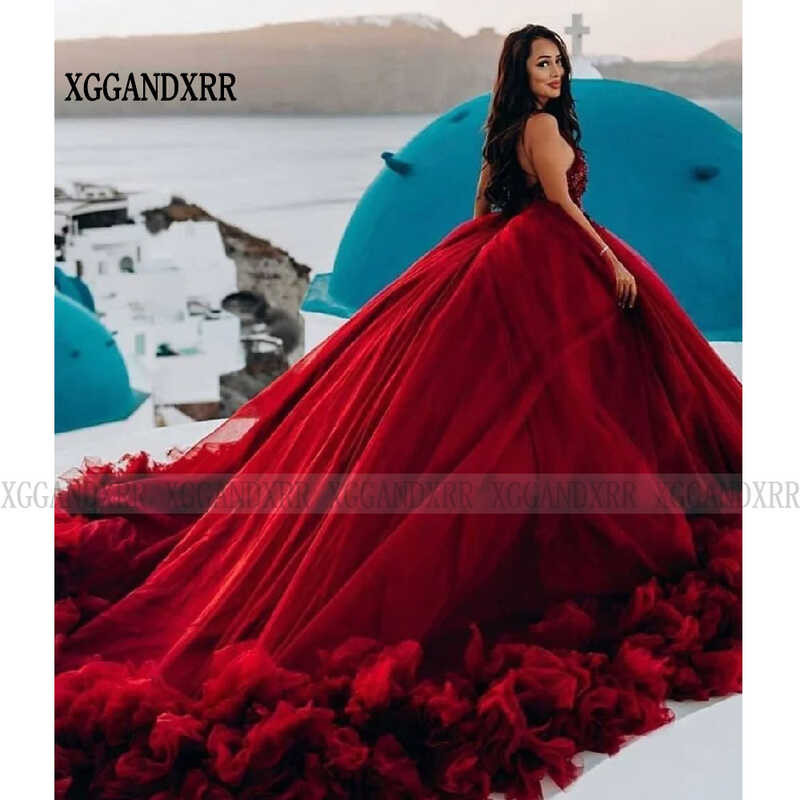 ZXH Bury Quinceanrea Damit 2024 Wine Red Long Train Ruffle Ball Gown ...