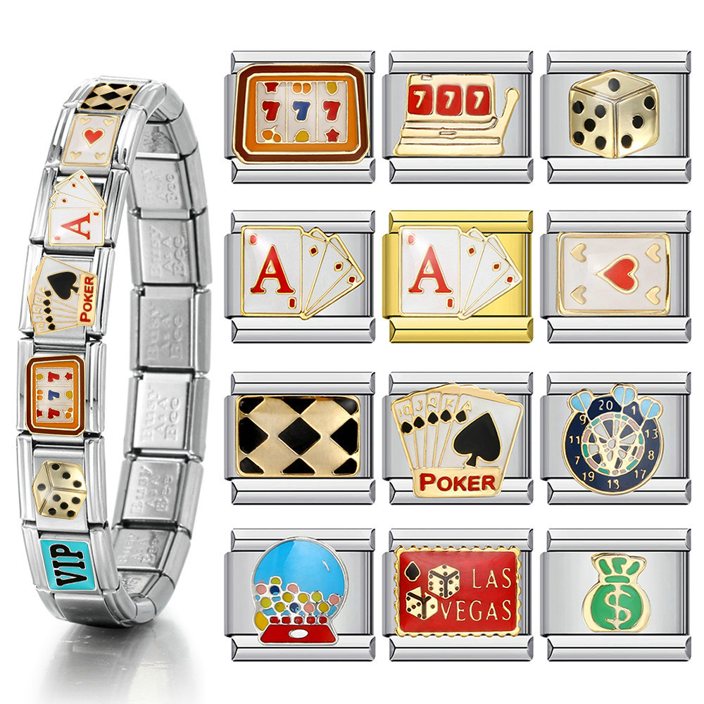 Y2K Fit 9mm Dice Poker Dollar Italian Charms Bracelet Stainless Steel ...